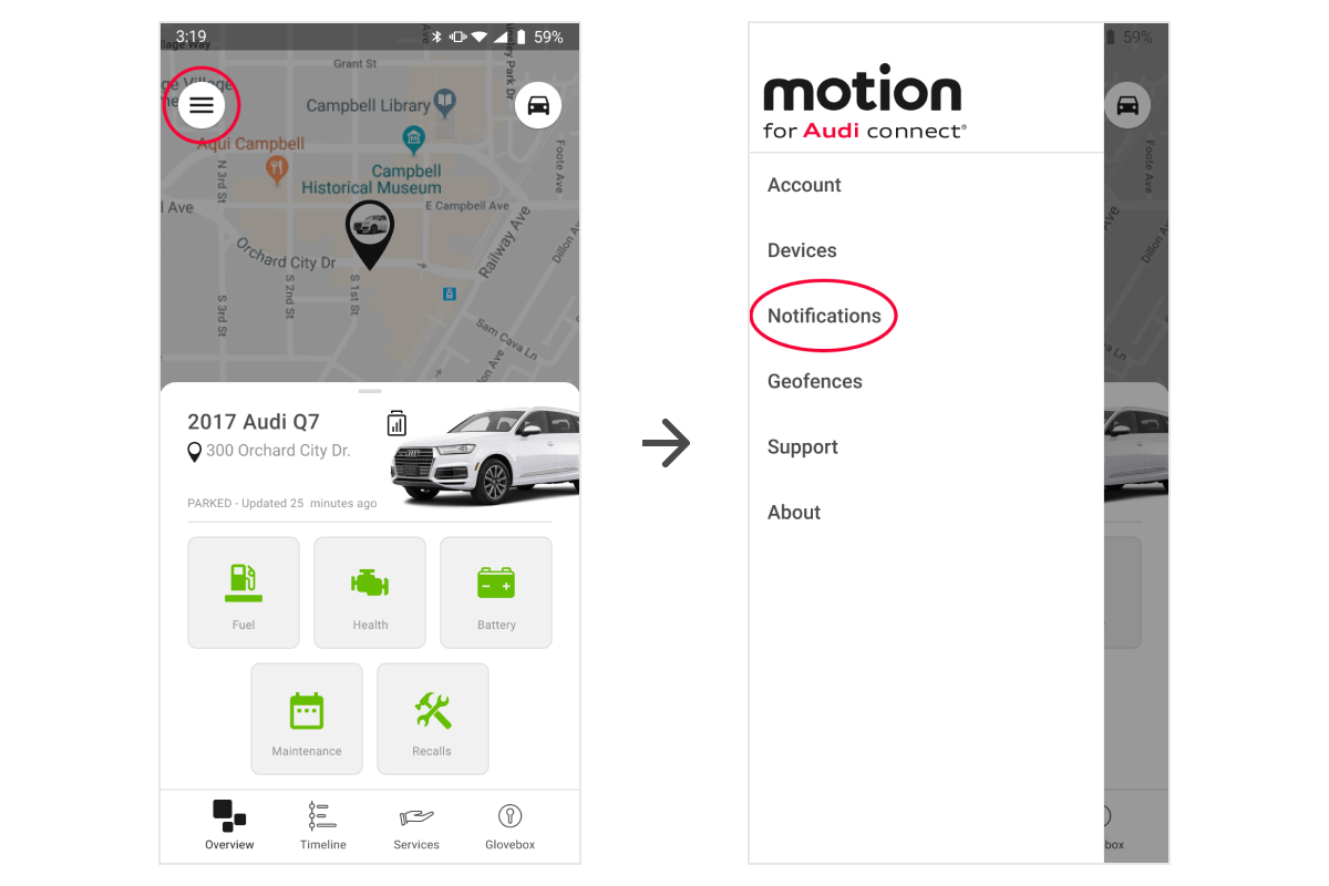 How do I manage notifications? – Motion for Audi connect